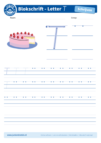 De hoofdletter T tussen schrijflijnen